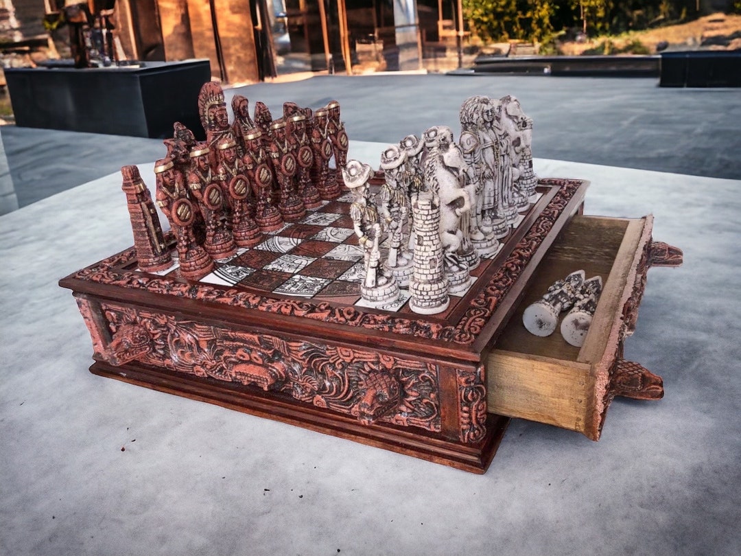 Chess Set 16.53” X 16.53”, Resin Chess Set in Red and White, Mexican ...
