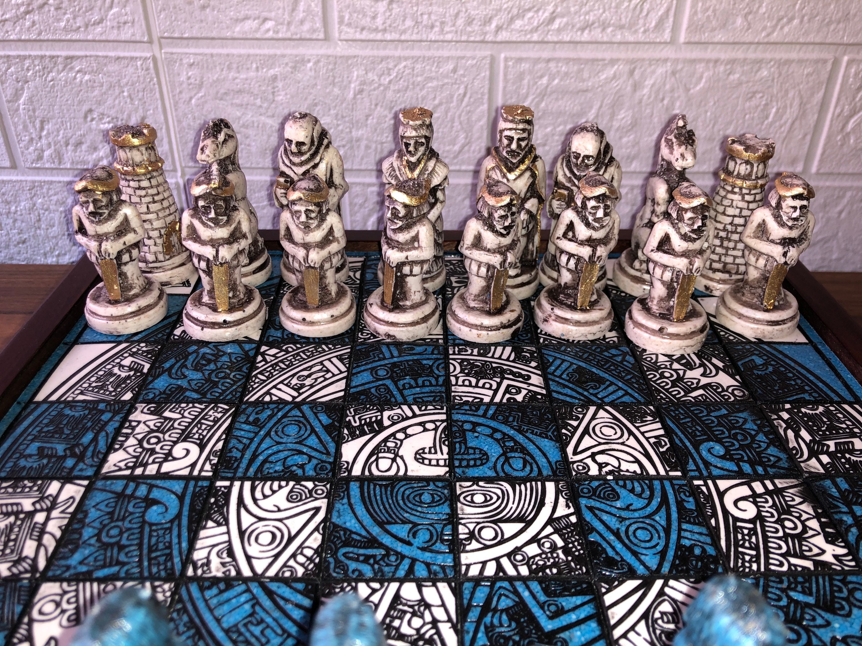 Chess Set, Resin Chess Set in Blue and White, Mexican Chess, Chess Set ...