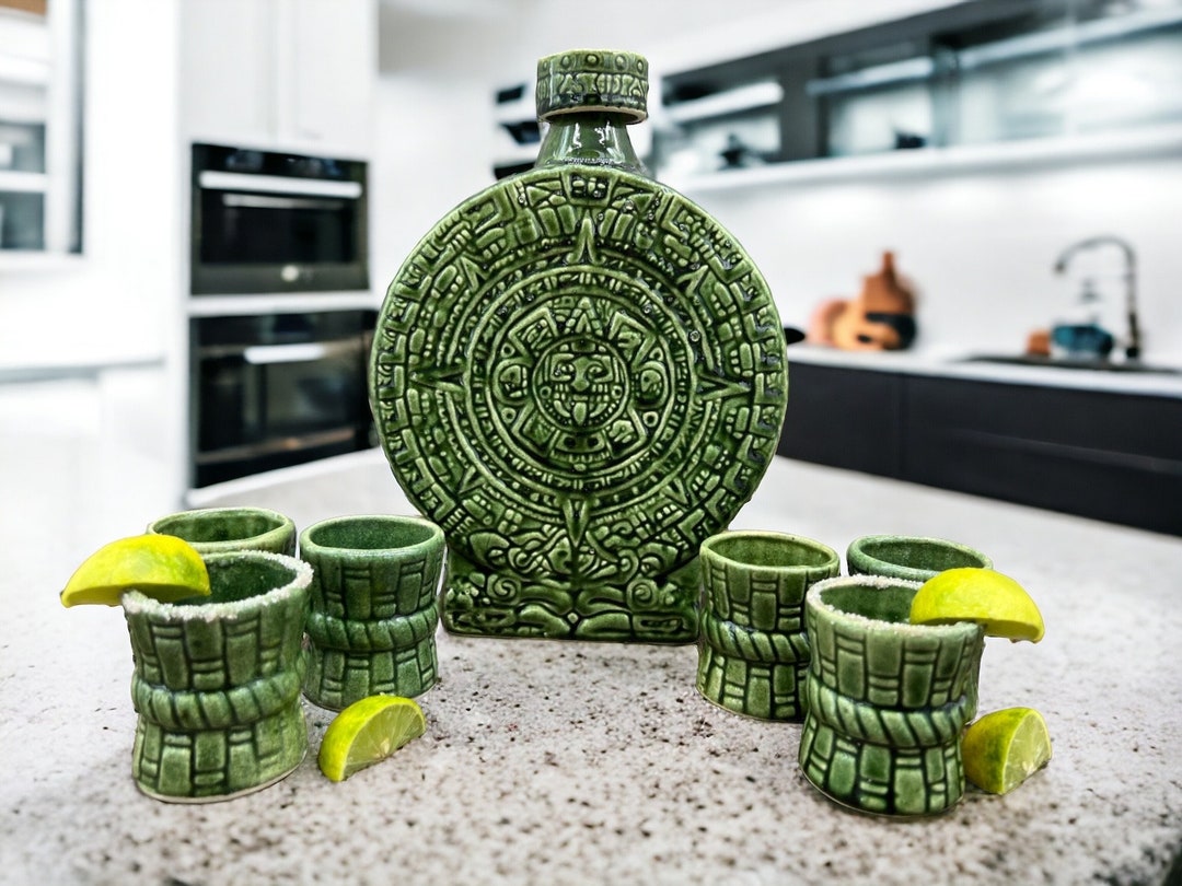 Green Ceramic Aztec Calendar Tequila Shot Glass, Guadalajara Tequila ...