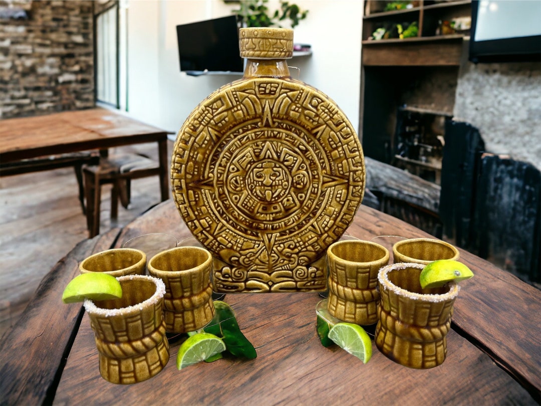 Gold Ceramic Aztec Calendar Tequila Shot Glass, Guadalajara Tequila and ...
