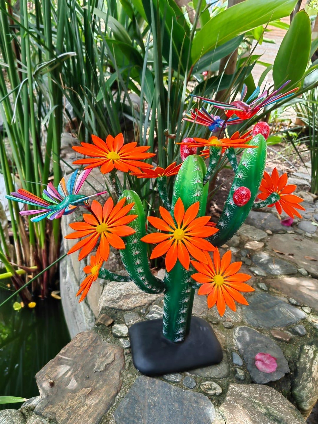 Cactus Hummingbird Statue Mexican Folk Art Alebrije Sculpture, Wooden ...