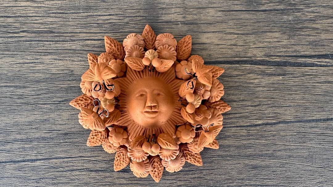 Sun Figurine With Butterflies of Natural Clay, Mexican Folk Art, Sun ...