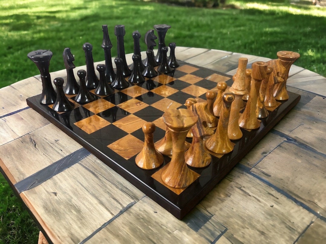 LARGE Chess Set 13.77 X 13.77, Marble Chess Set in Black and Orange ...