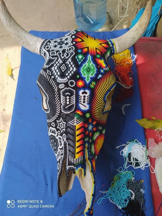 mexican cow mexican art Huichol cow mexican decor peyote flower ...