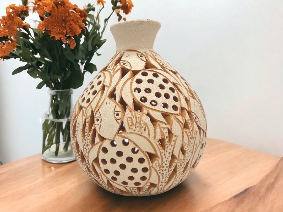 Oaxaca Vase White and Brown Clay Handcrafted Plant Pot, Pottery ...
