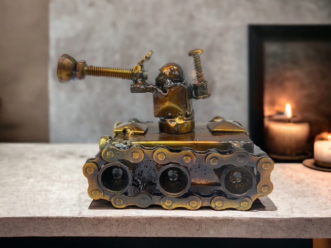 War Tank Handcrafted Iron Sculpture: Metal Art Recycled Materials, Eco ...