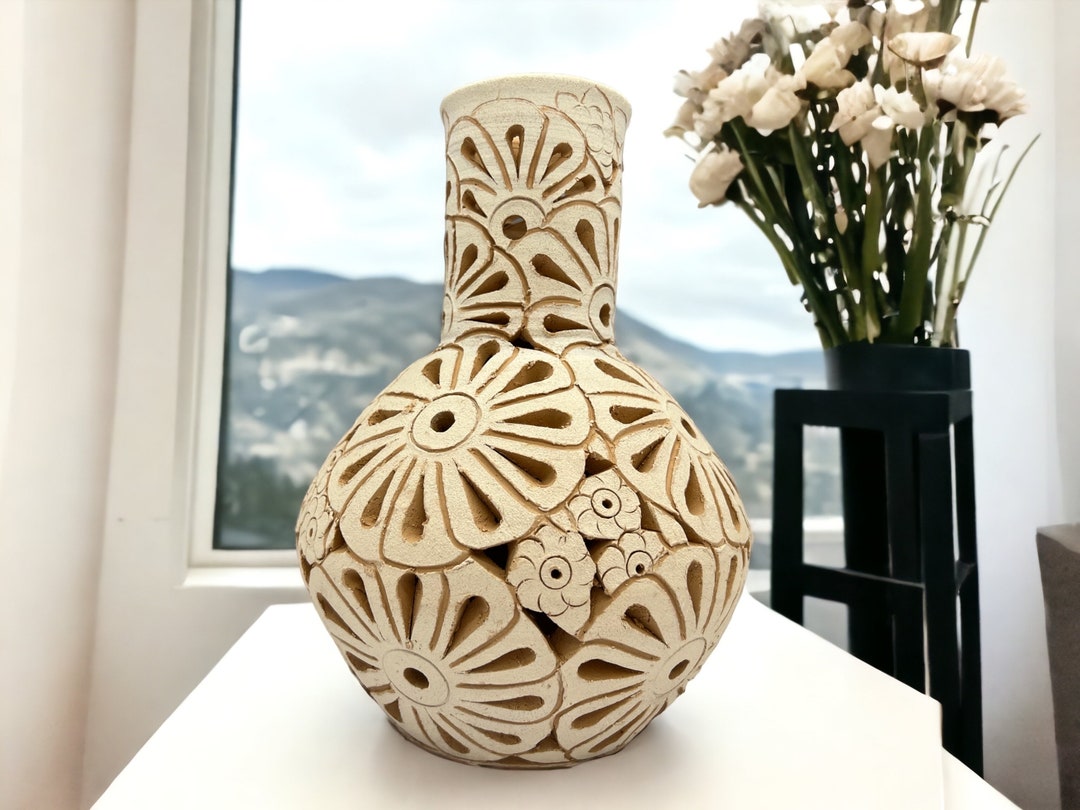 Oaxaca Vase White and Brown Clay Handcrafted Plant Pot, Pottery ...