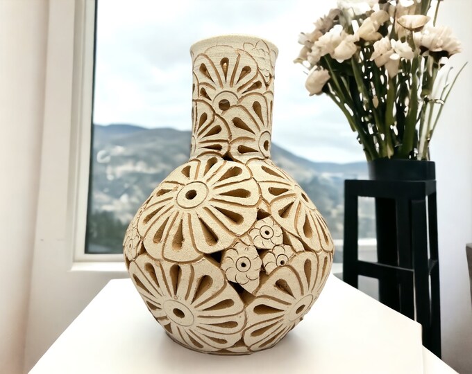 Oaxaca Vase White and Brown Clay Handcrafted Plant Pot, Pottery ...