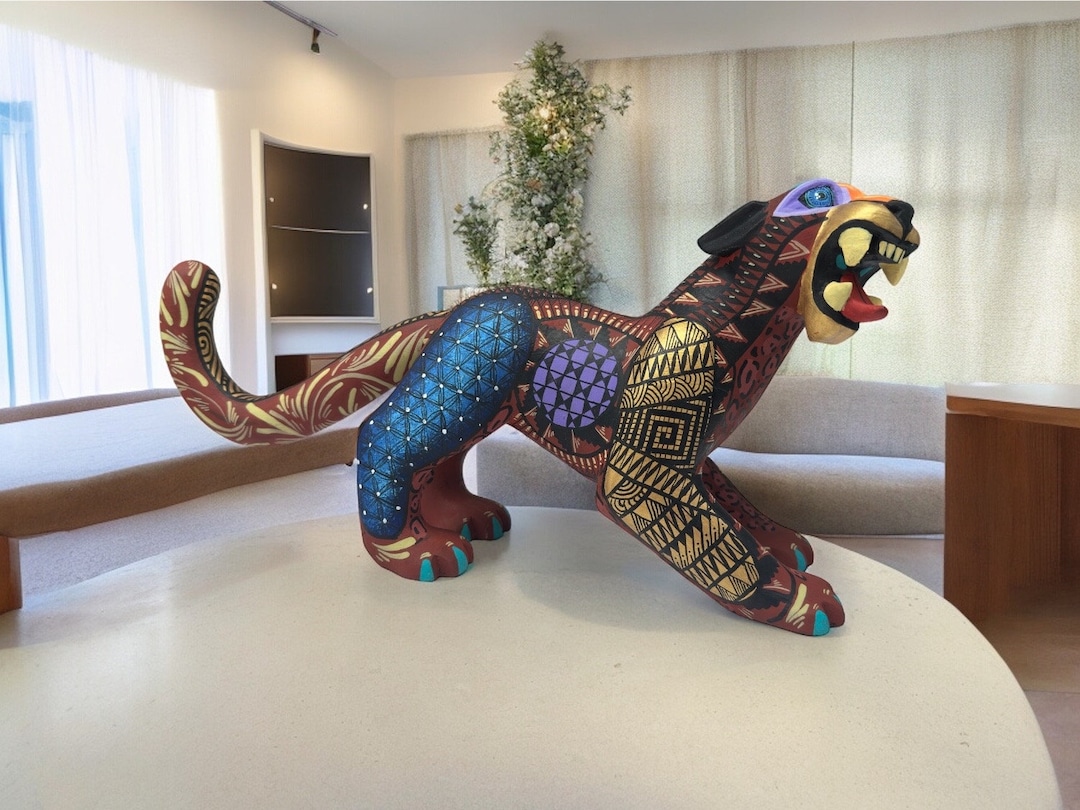 Jaguar Statue Mexican Folk Art Alebrije Sculpture, Wooden Panther ...