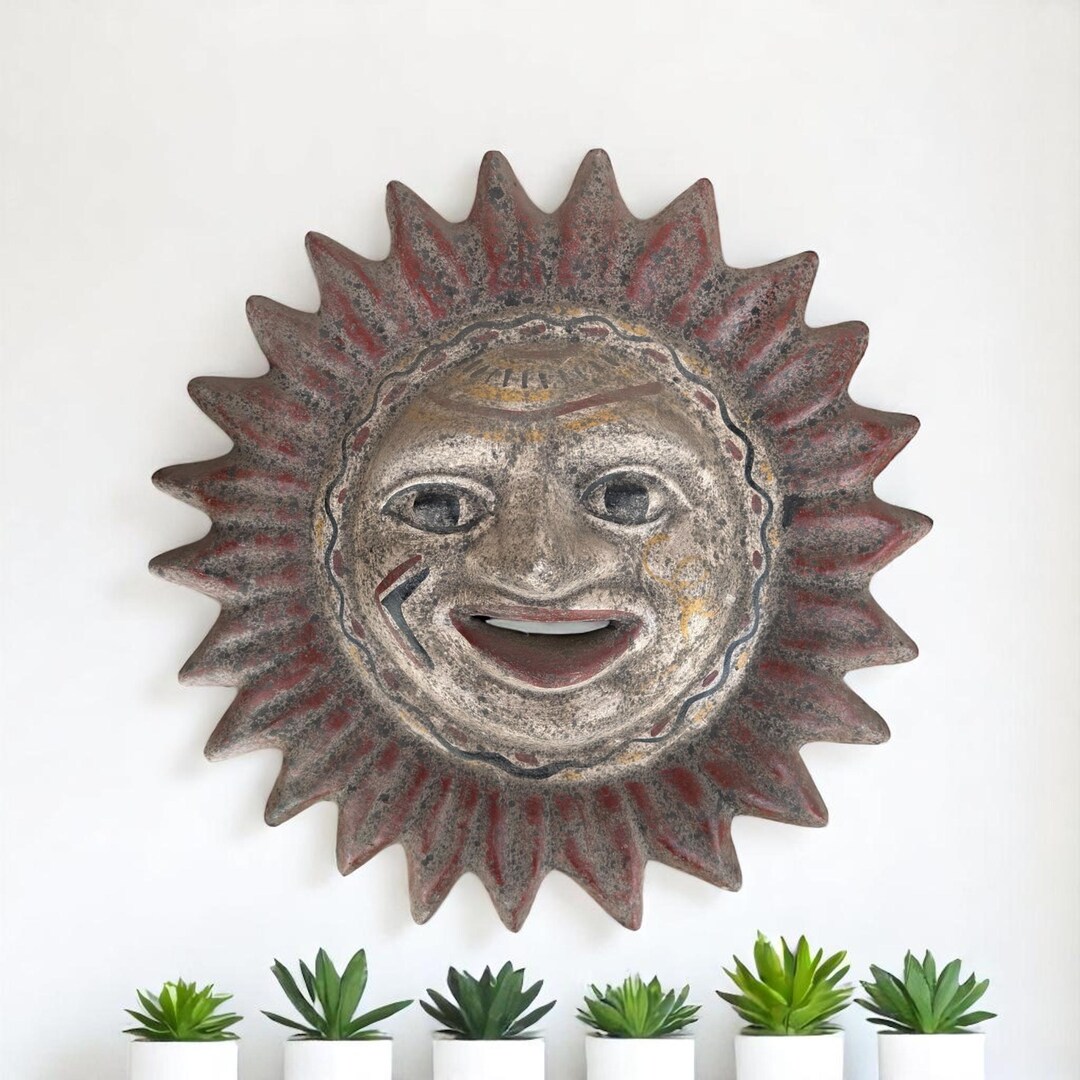 Handmade Clay Sun Face Wall Decor, Rustic Terracotta Art, Smiling Sun ...