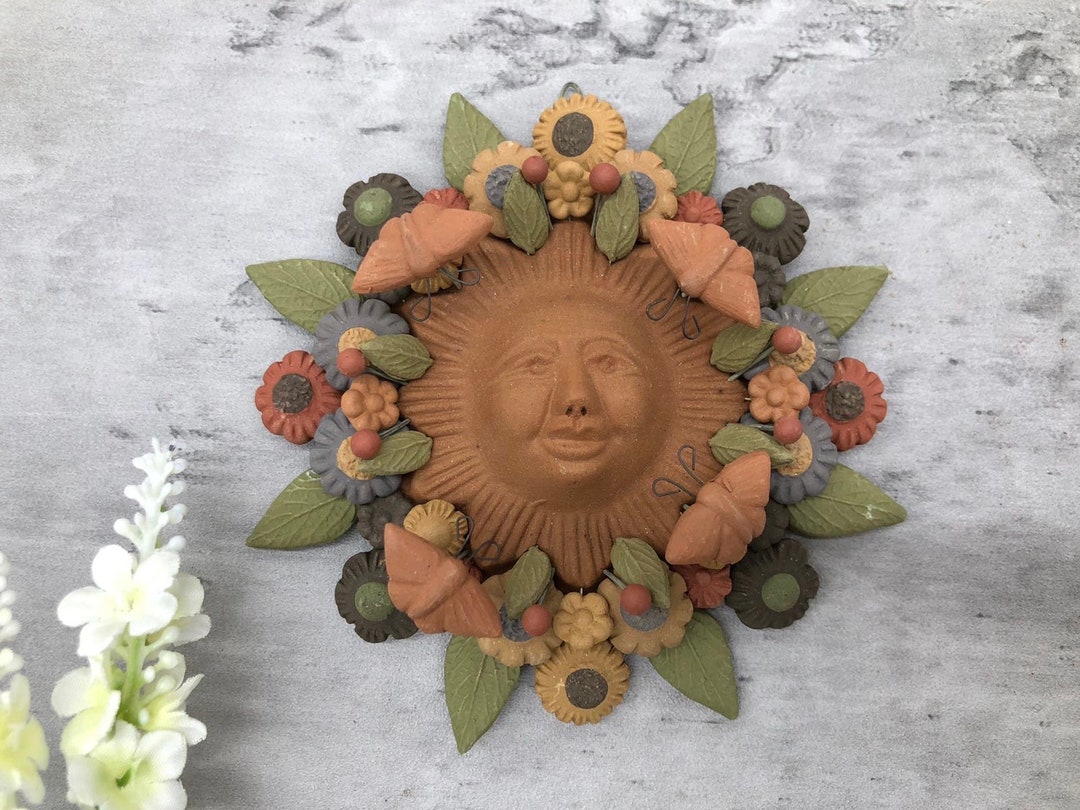 Sun Figurine With Butterflies of Pigment Clay, Mexican Folk Art, Sun ...