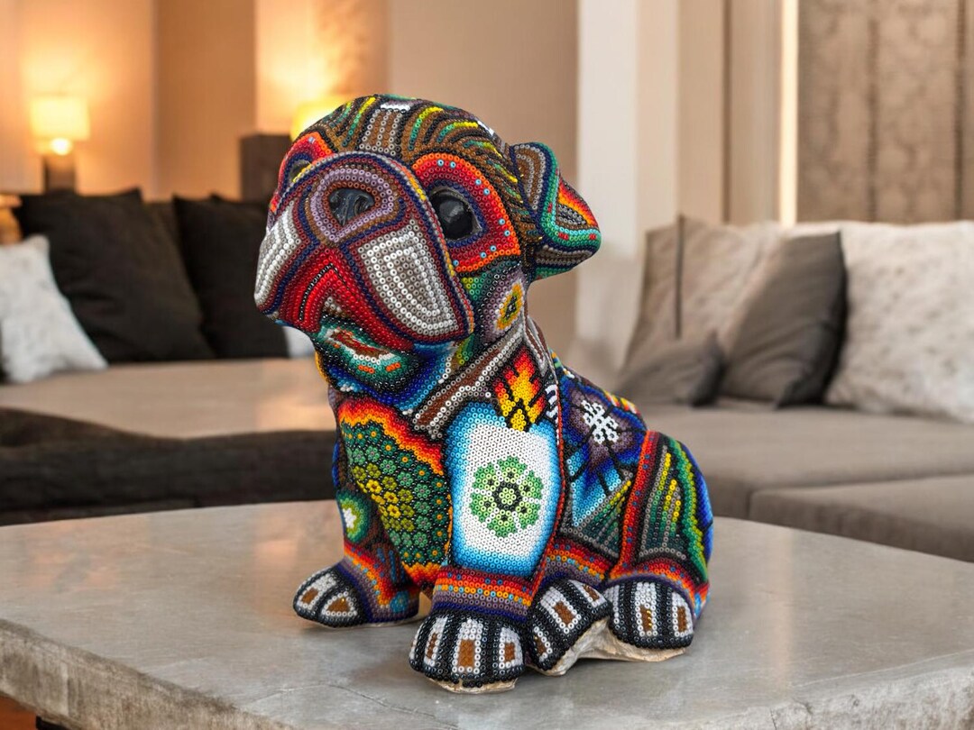 Dog Bulldog Statue Huichol Sculpture of Mexican Folk Art, Pet Wixarika ...