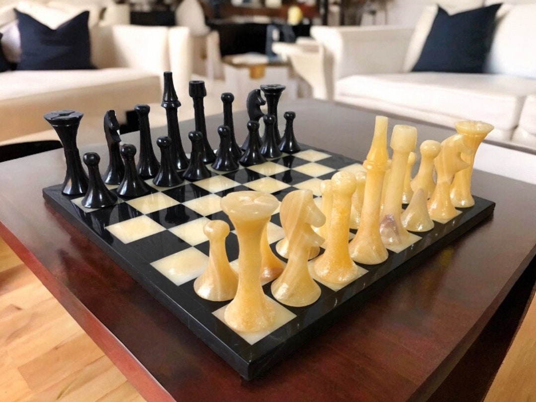 LARGE Chess Set 13.77 X 13.77, Marble Chess Set in Black and Honey ...