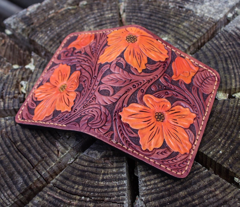 Handmade Tooled Leather Card Holder, Floral Carved Card Sleeve, Custom ...