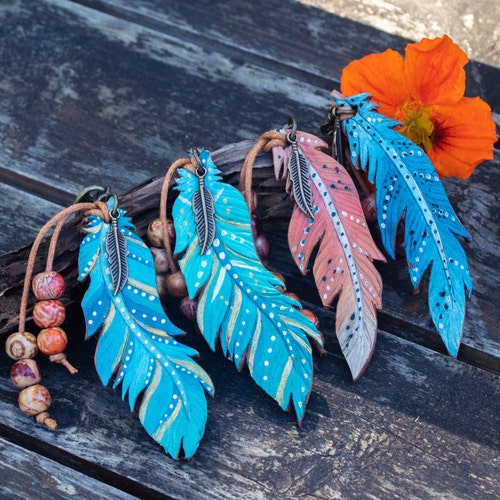 Hand Tooled Leather Feather Keychain - Etsy