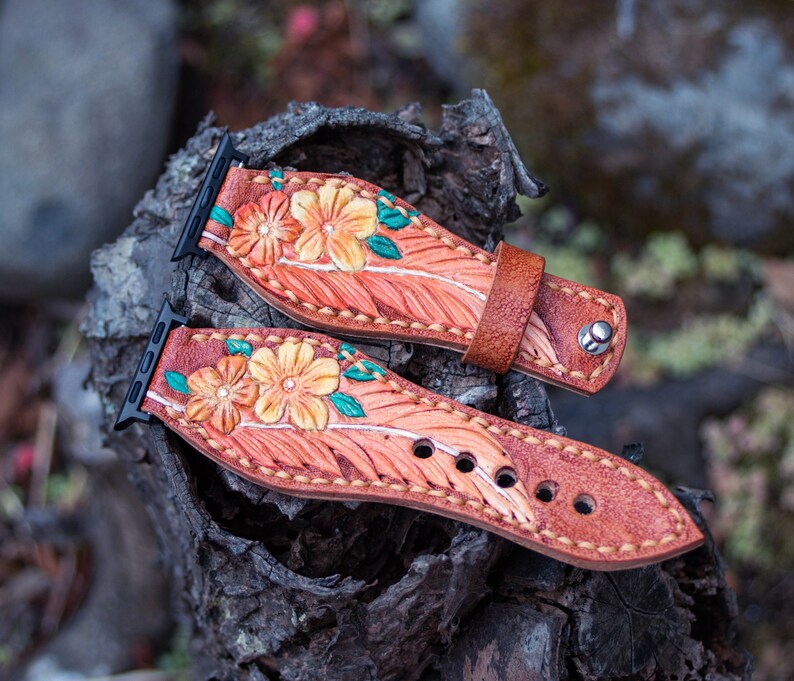 Custom Design Western Floral Tooled & Painted Leather Watch - Etsy