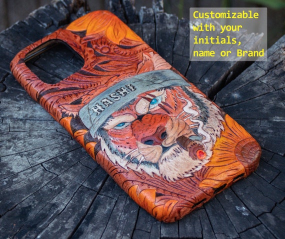 Custom Tooled Leather Phone Caseleather Carved Tiger Mobile | Etsy