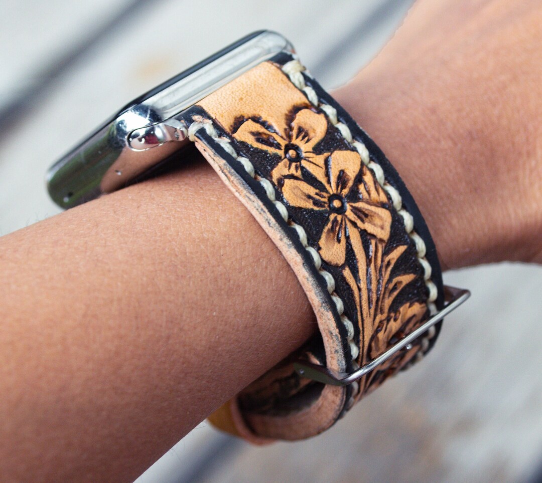 Tooled Leather Apple Watch Band: Custom Western Floral Design, Handmade ...