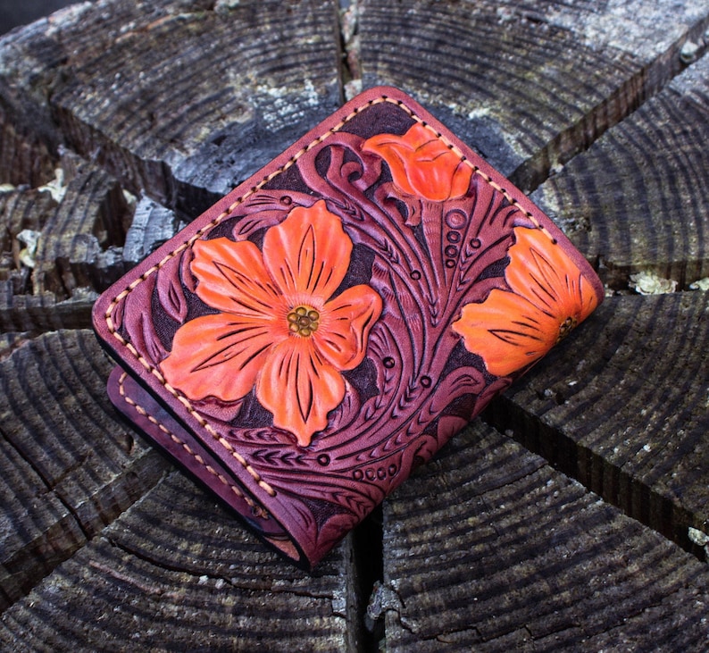Handmade Tooled Leather Card Holder, Floral Carved Card Sleeve, Custom ...