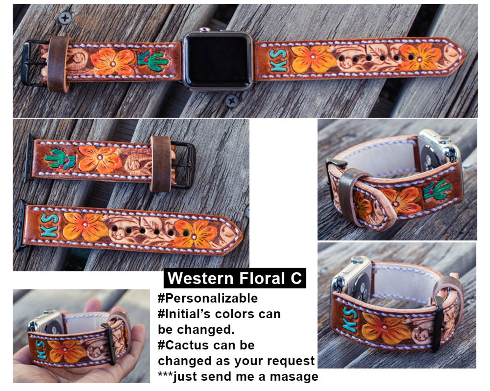 Custom Design Western Floral Tooled & Painted Leather Watch - Etsy