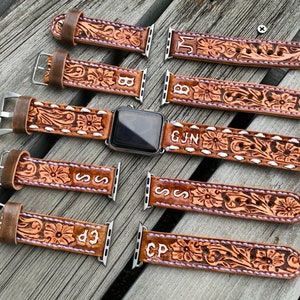 Custom Design Western Floral Tooled & Painted Leather Watch Band ...