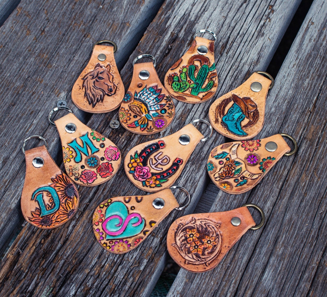 Custom Initial Leather Keychain: Hand-tooled & Stamped, Tooled Leather ...