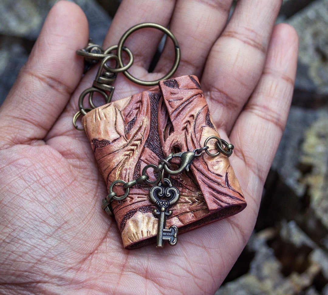Handmade Tooled Leather Mini Book Keychain, Miniature Leather Journal ...