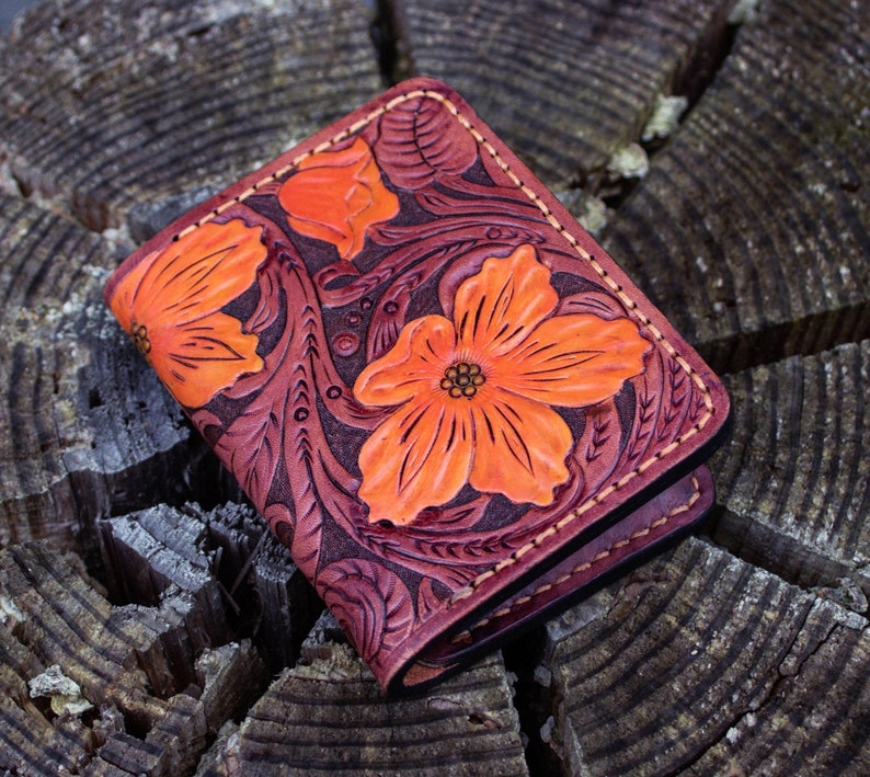 Handmade Tooled Leather Card Holder, Floral Carved Card Sleeve, Custom ...