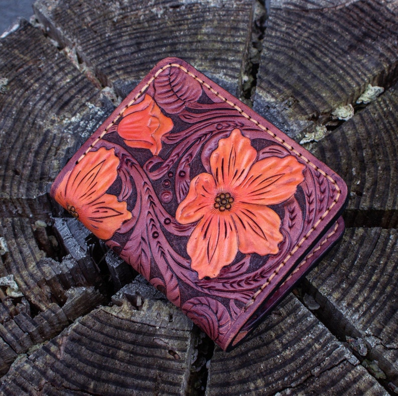 Handmade Tooled Leather Card Holder, Floral Carved Card Sleeve, Custom ...