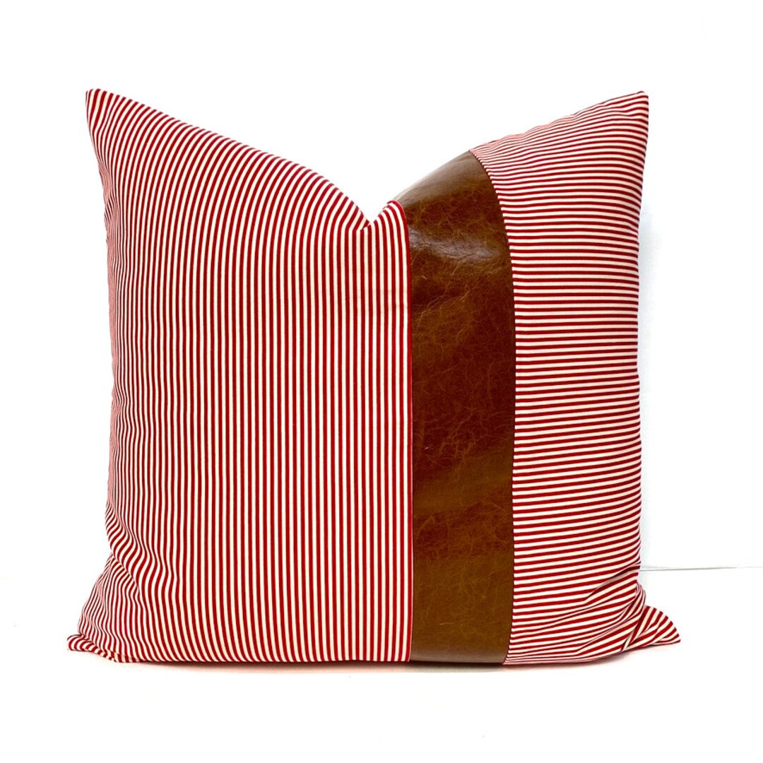 Red Stripe Pillow Cover, Cotton Throw Pillow With Leather Accent - Etsy