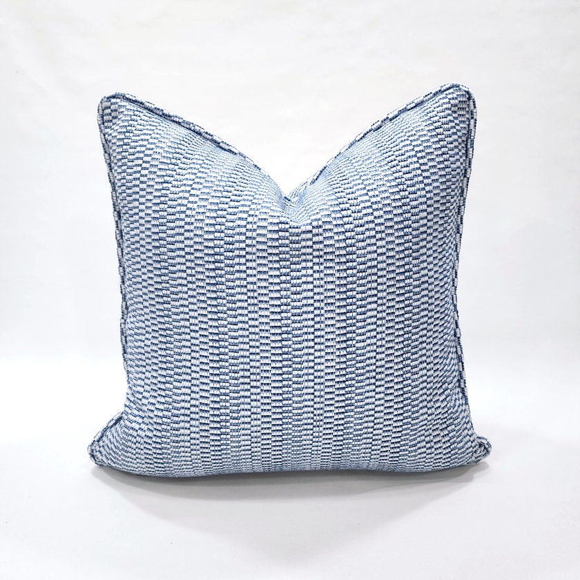 Blue Pillow Cover With Welting, Woven Chenille Cover, Pillow Cover With ...