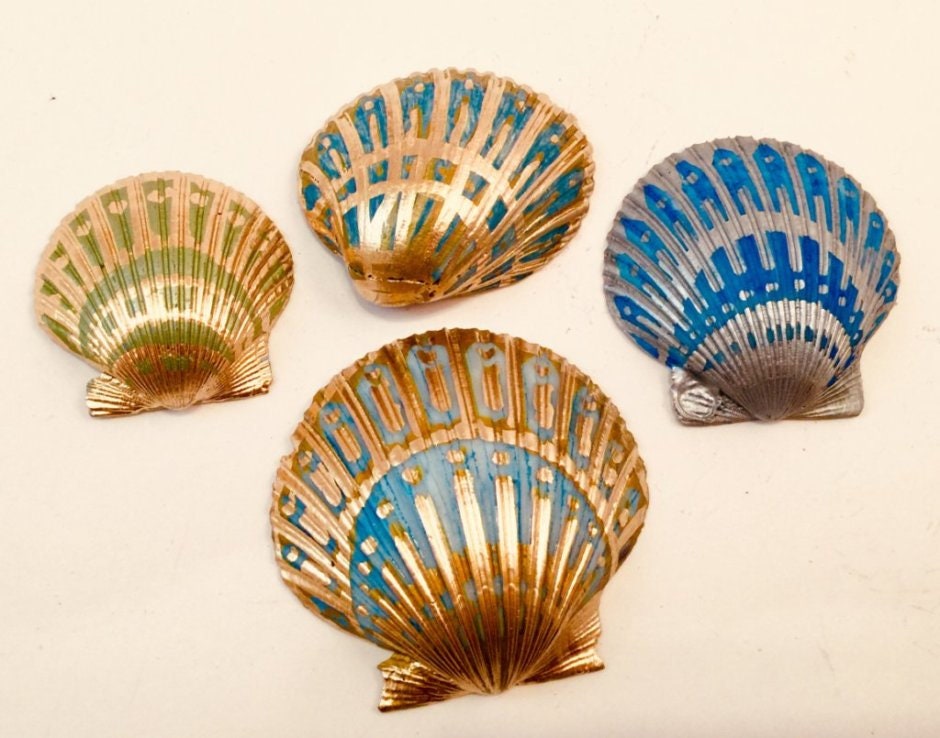 Conjunto de 4 elegantes conchas pintadas a mano en tonos azules y ...
