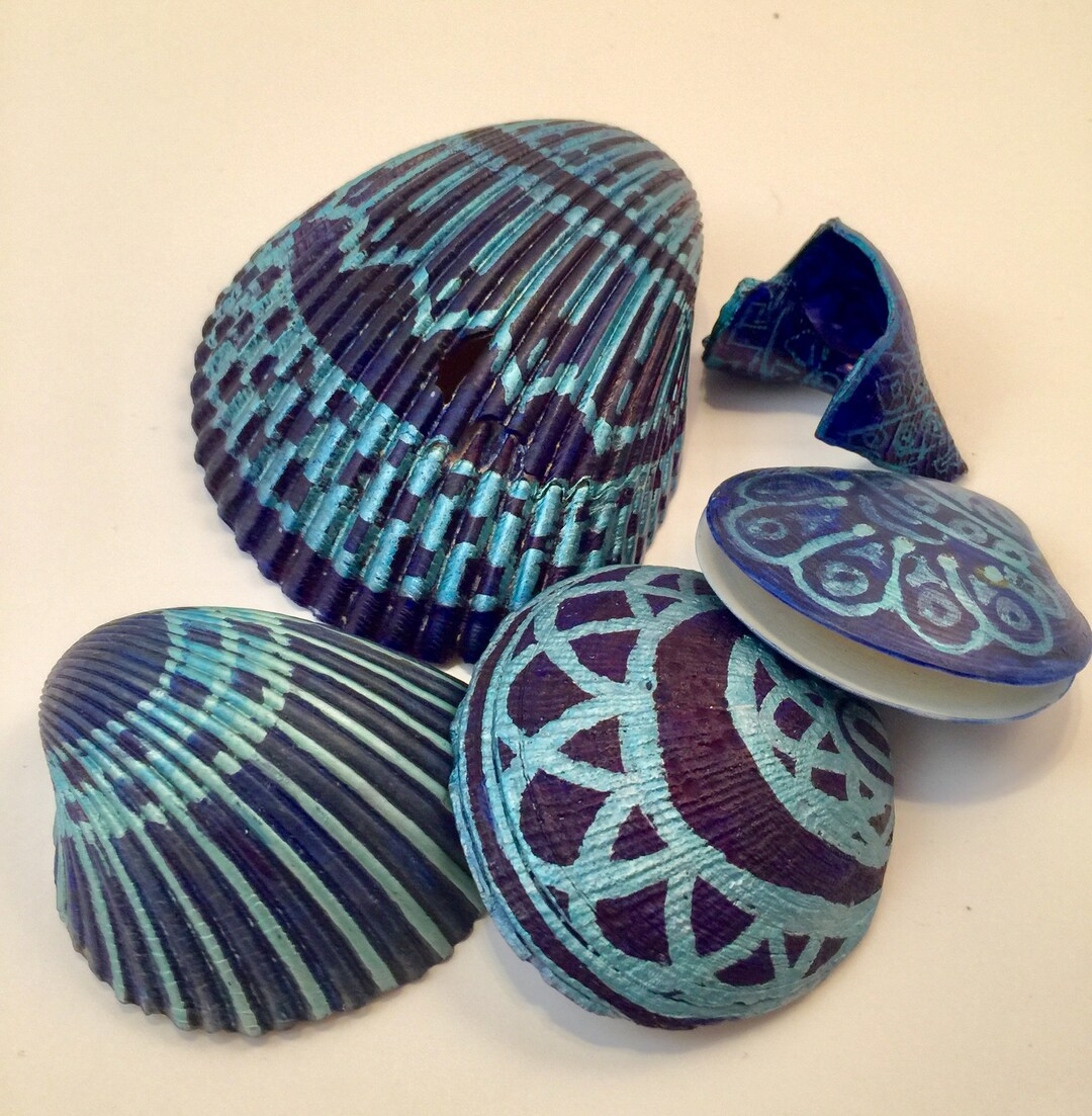 Set of 5 Turquoise and Navy Blue Painted Seashells - Etsy