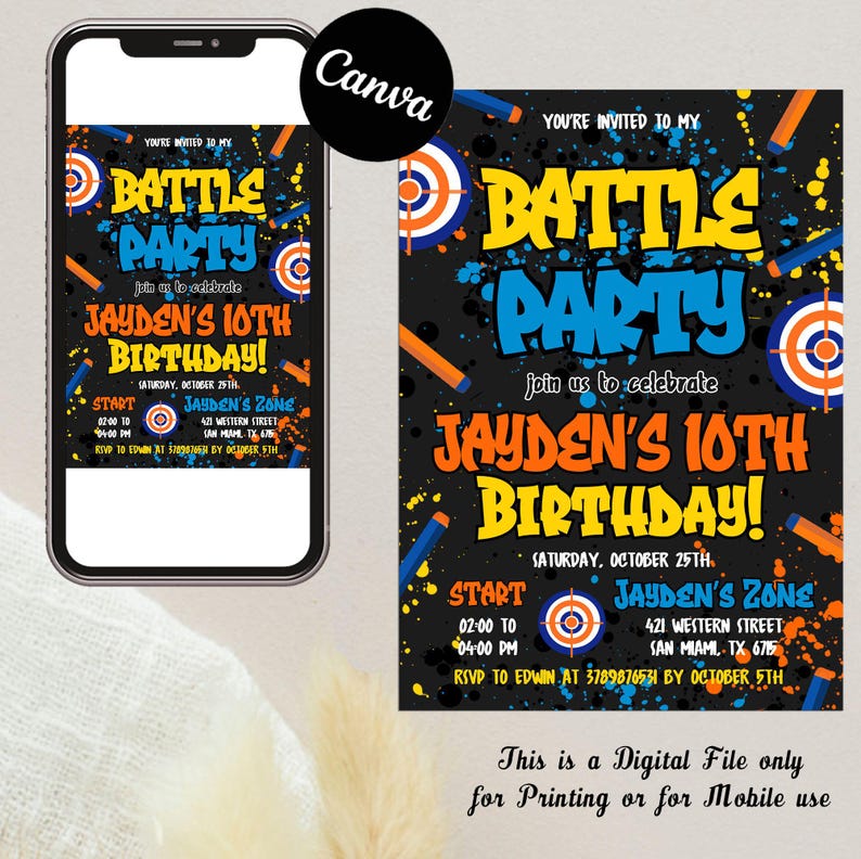 Editable Birthday Party Invitation, Battle Theme Invite, Battle ...