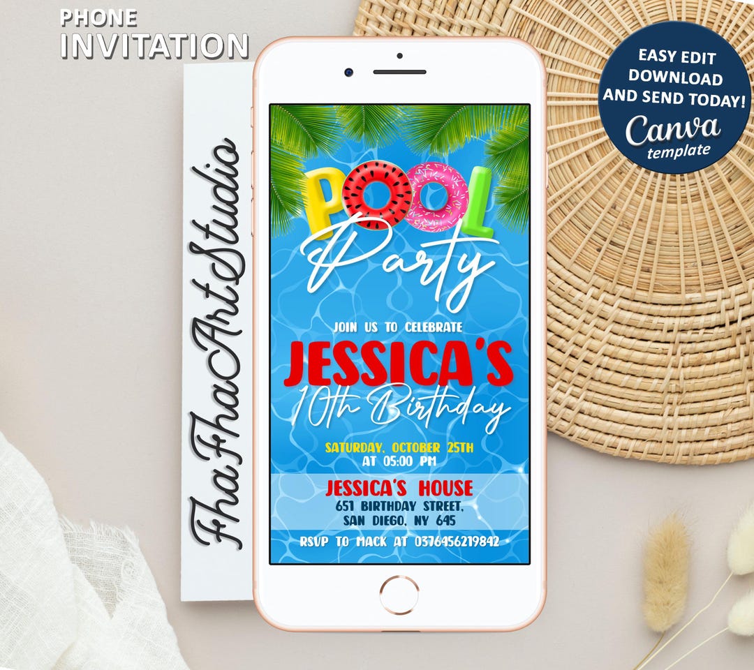 Pool Party Invitation, Text Invitation, iPhone Invitation, Neon Evite ...