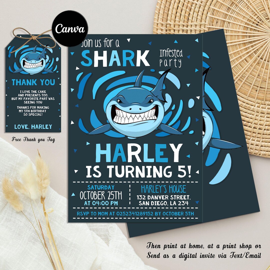 Editable Shark Invitation, Shark Birthday Party Invitation, Shark ...