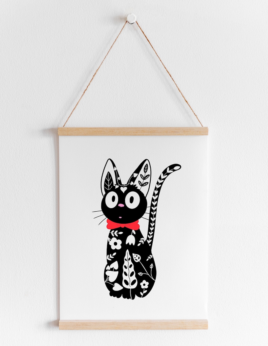 Jiji Cat Poster Ghibli Floral Cat Illustration Kiki's Delivery Service ...