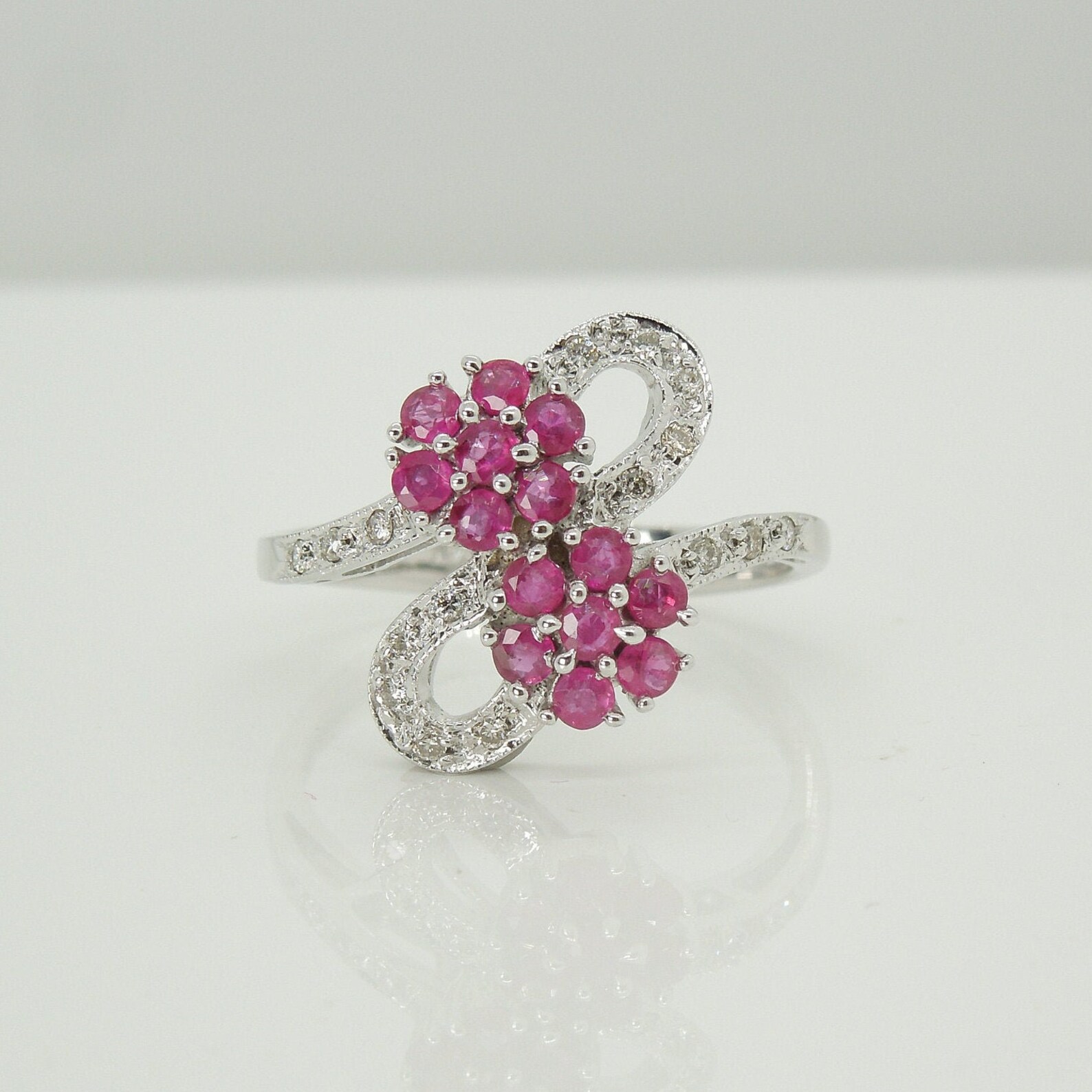 14K White Gold Ruby Flower Ring Double Flowers Ring Round - Etsy UK