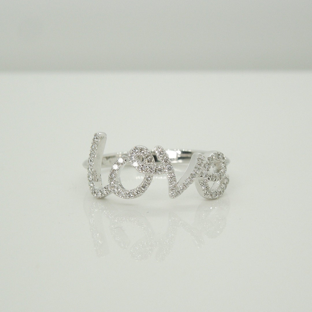Diamond Love Letters Ring, 14K White Gold Diamond Prong Set Cursive ...