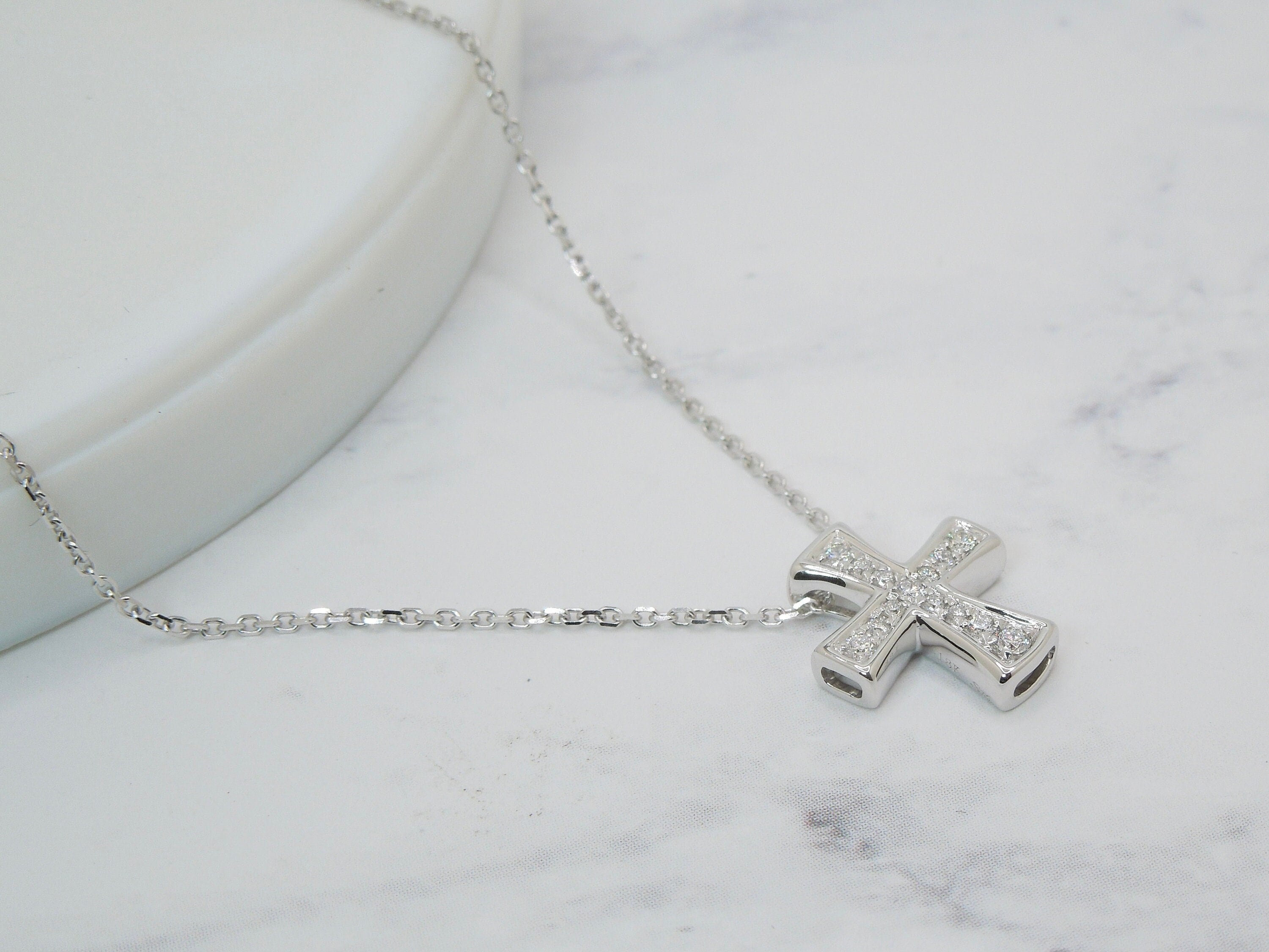 18K White Gold Diamond Cross Necklace, Diamond Cross Pendant, Small ...