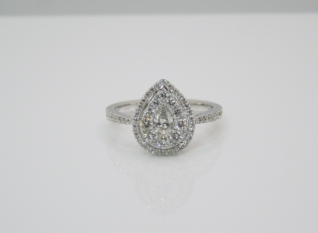 18K White Gold Double Halo Pear Shape Diamond Ring, Pear Diamond ...