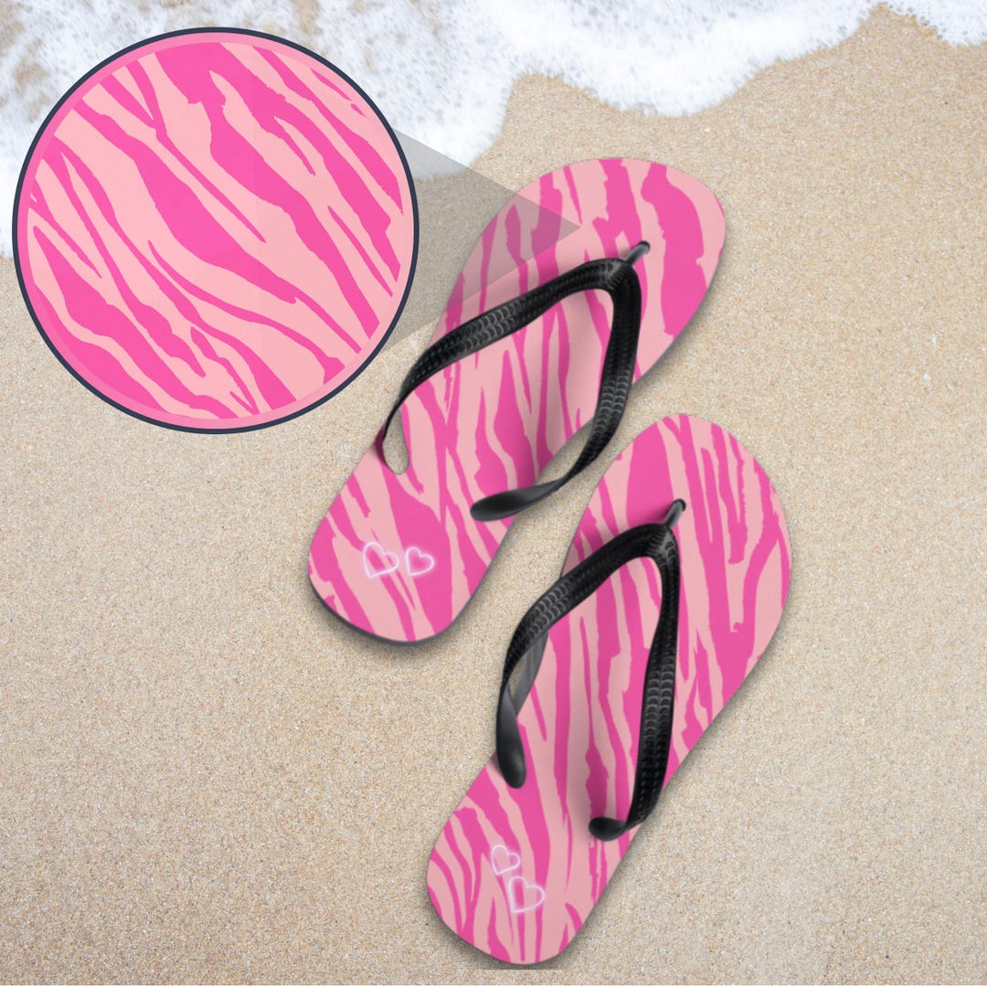 Pink Zebra Print Flip Flops, Heart Glow Sandals, Y2K Animal Print ...