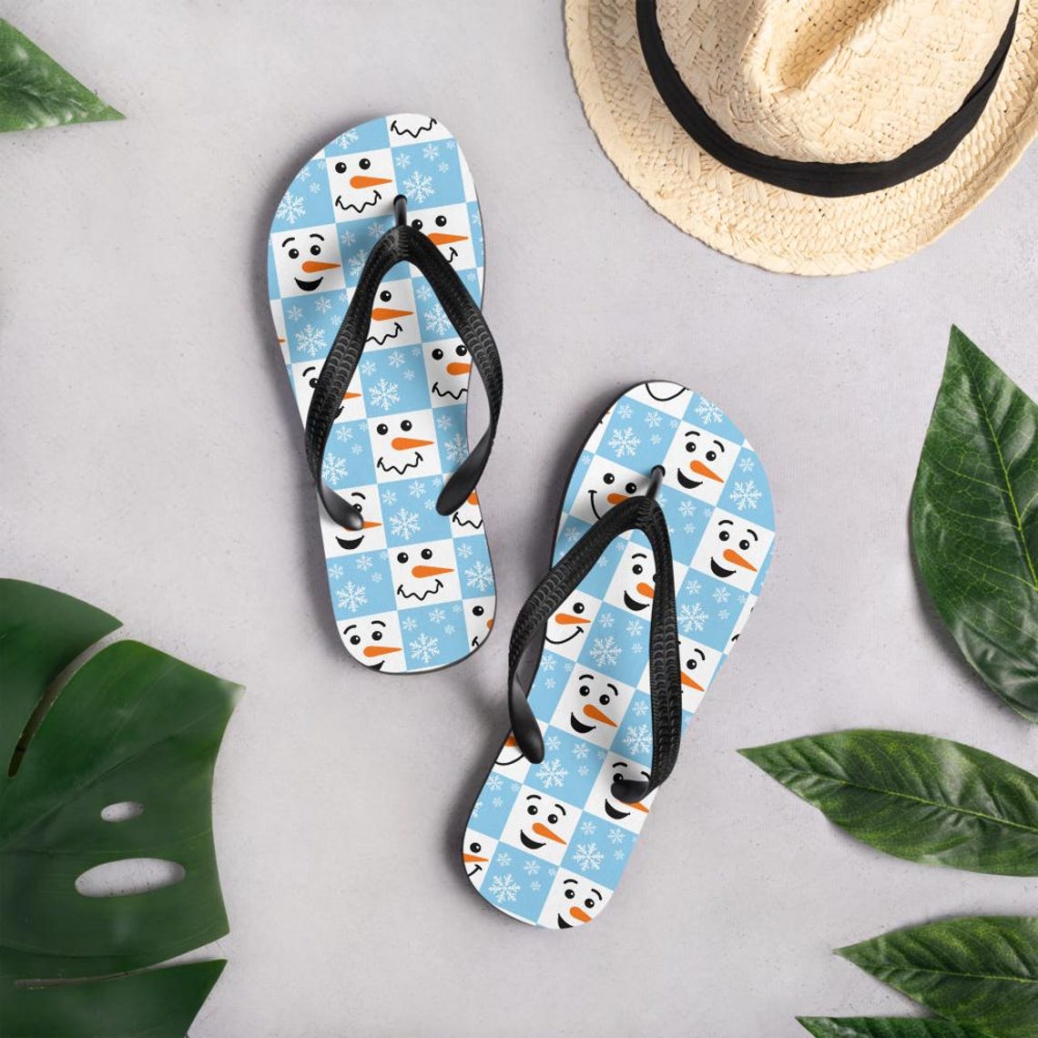 Snowman Snowflake Holiday Flip Flops | Festive Blue & White Checkered ...