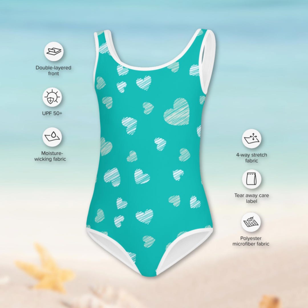 Teal Heart Girls Swimsuit – Cute Scribble Heart Print Toddler Bathing ...