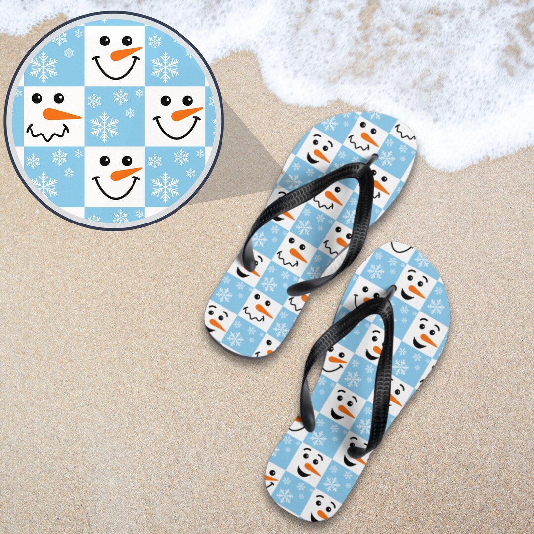 Snowman Snowflake Holiday Flip Flops | Festive Blue & White Checkered ...