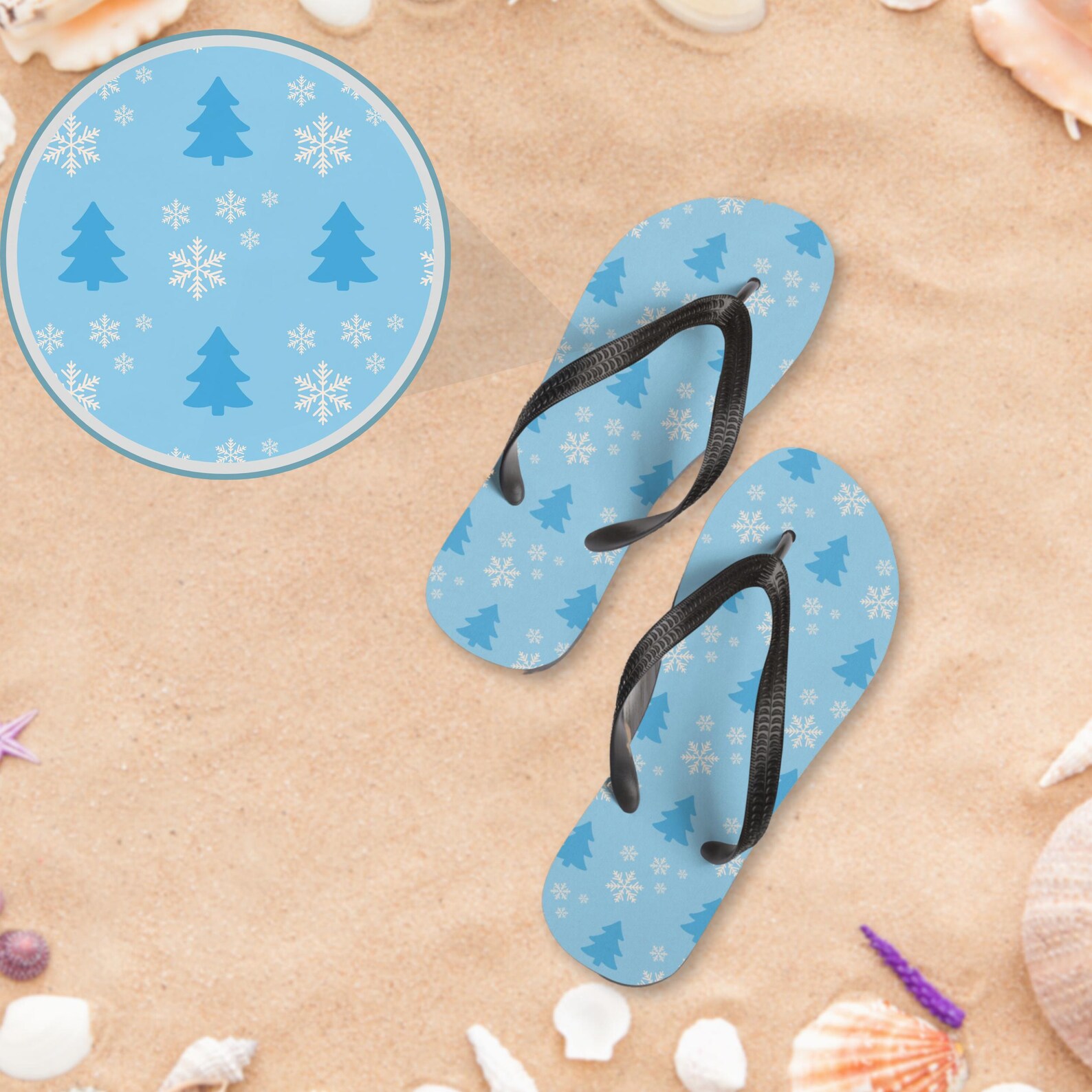 Blue Christmas Tree Snowflake Flip Flops | Festive Christmas Sandals ...