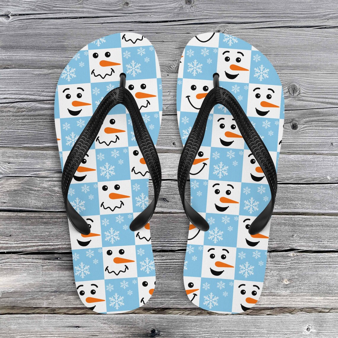 Snowman Snowflake Holiday Flip Flops | Festive Blue & White Checkered ...