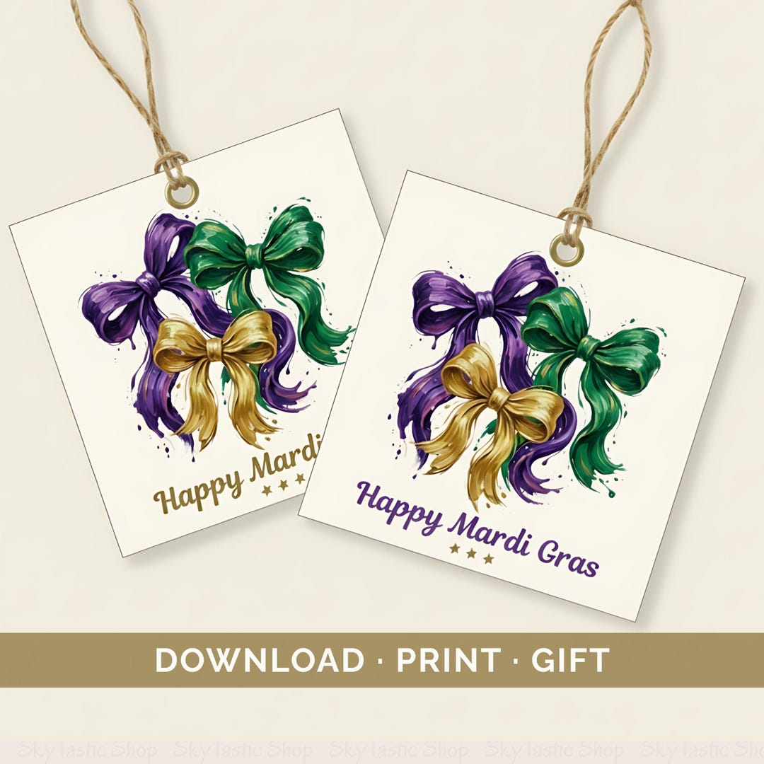 Mardi Gras Gift Tags Printable | Happy Mardi Gras Tags | Purple Green ...