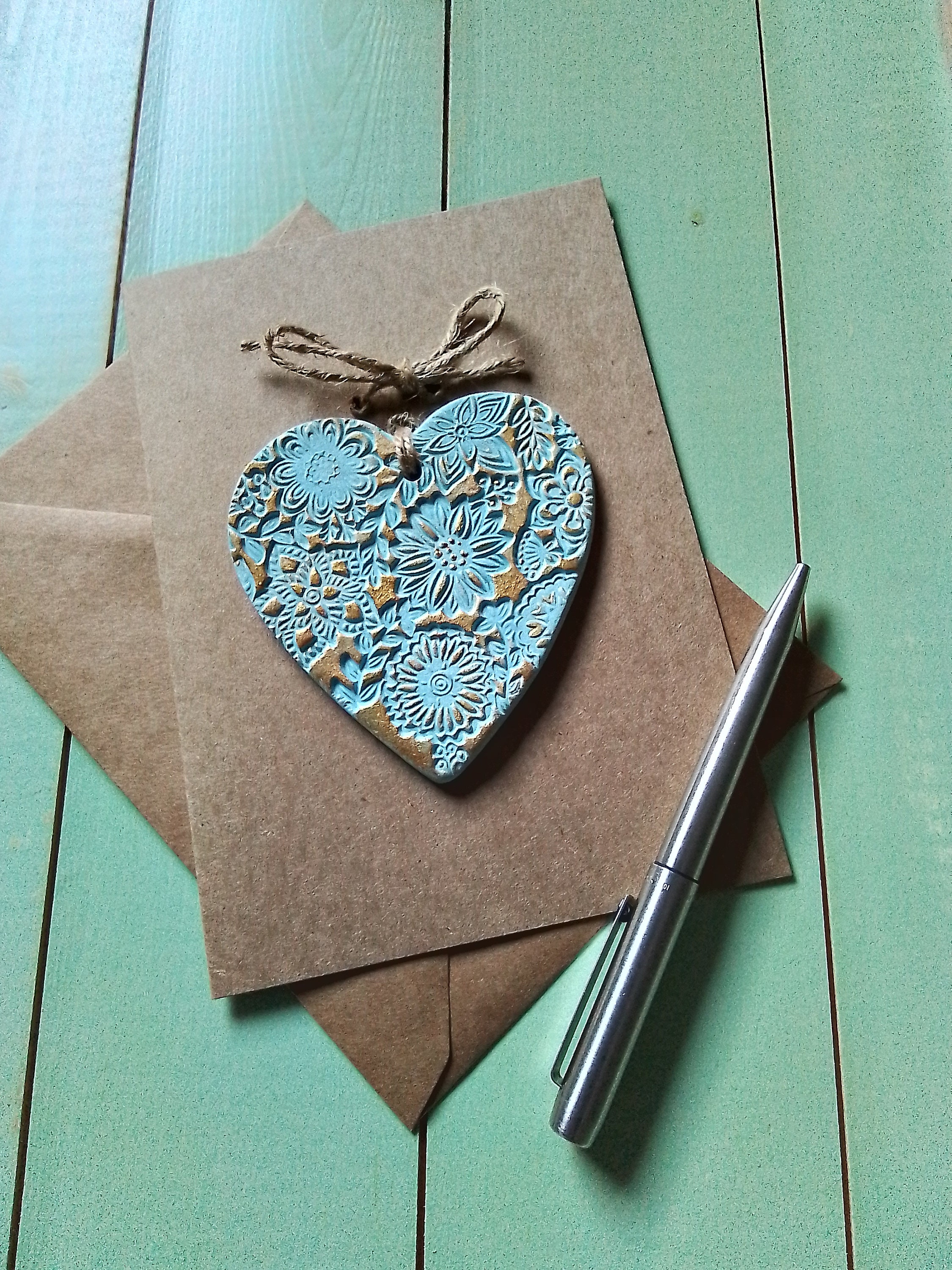Hand Painted, Embossed Heart, Clay Heart, Keepsake, Hanging Decoration ...
