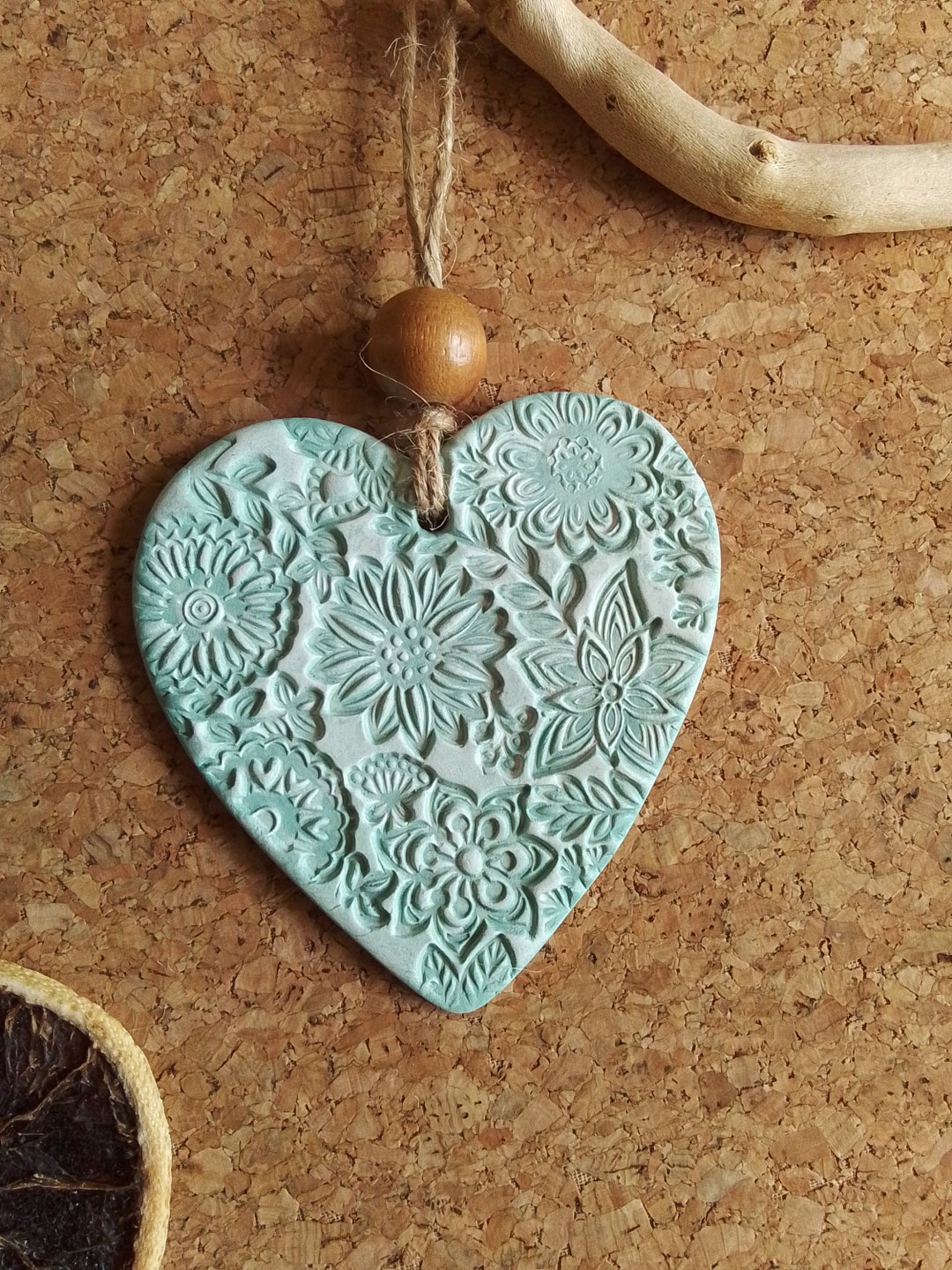 Hand Painted, Embossed Heart, Clay Heart, Keepsake, Hanging Decoration ...